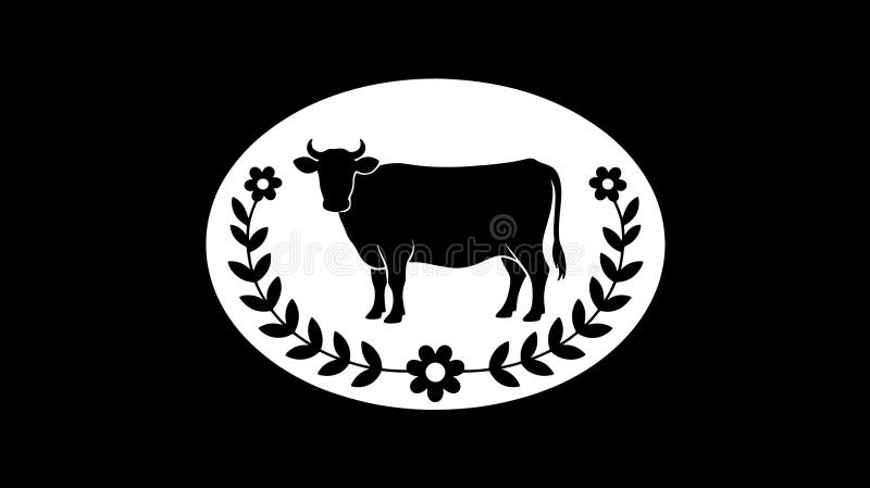 A Simple Black and White Illustration of a Standing Cow Inside an Oval ...