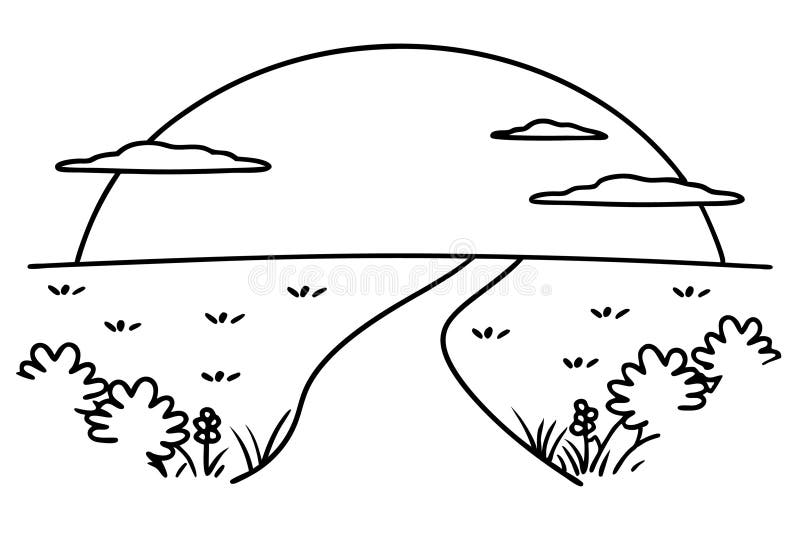 Simple Black and White Landscape with Open Path and Clouds, Minimalist ...