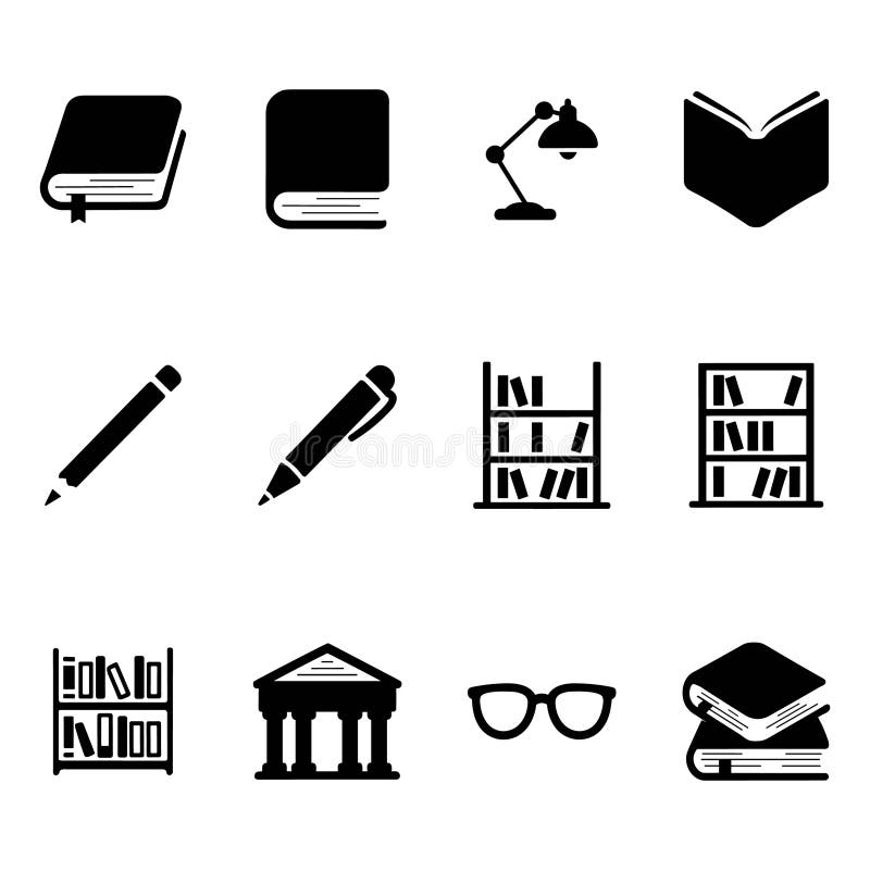 Simple Black and White Library Icons Set Stock Vector - Illustration of ...