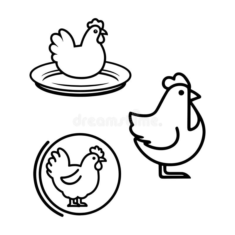 Simple Black and White Line Art Illustration of Three Chickens. Stock ...