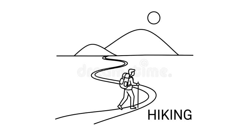 Simple Line Drawing of Hiker in Mountainous Landscape. Stock ...