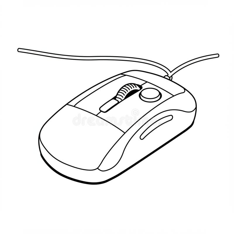 Simple Black and White Line Drawing of a Wired Computer Mouse. Features ...