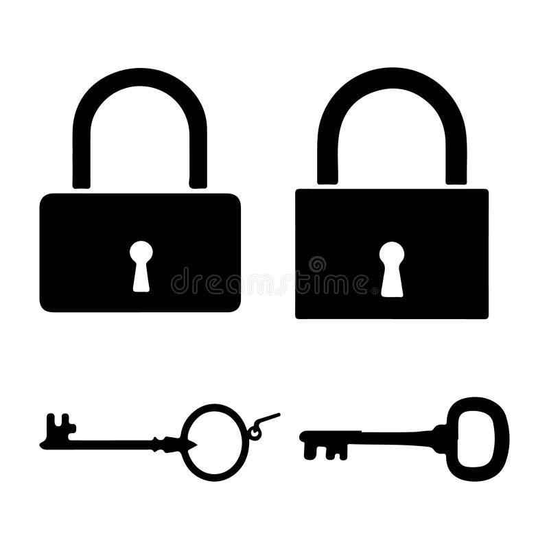 Simple Black and White Lock and Key Icons Stock Illustration ...