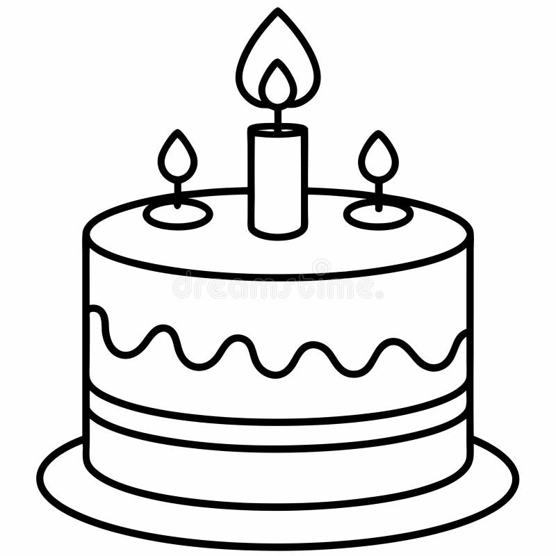 A Simple Black and White Outline Drawing Depicts a Cake with Three ...