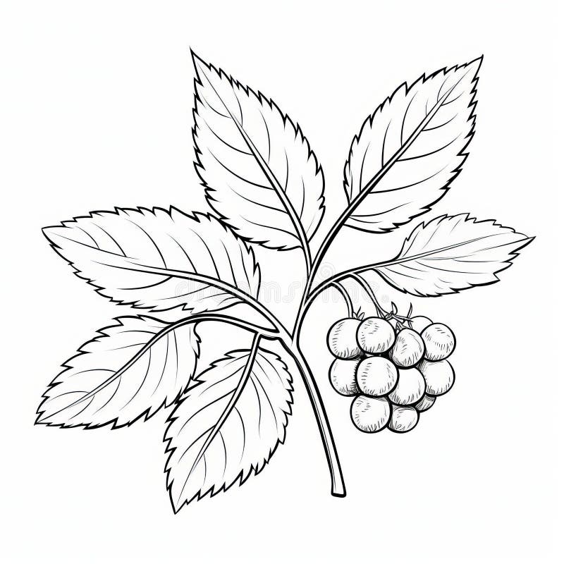 Simple Black and White Raspberry Bush Leaf Illustration Stock ...