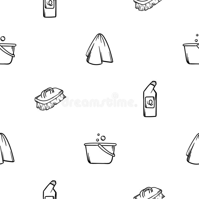 Simple Black and White Seamless Pattern with Bucket, Rag, Brush and ...