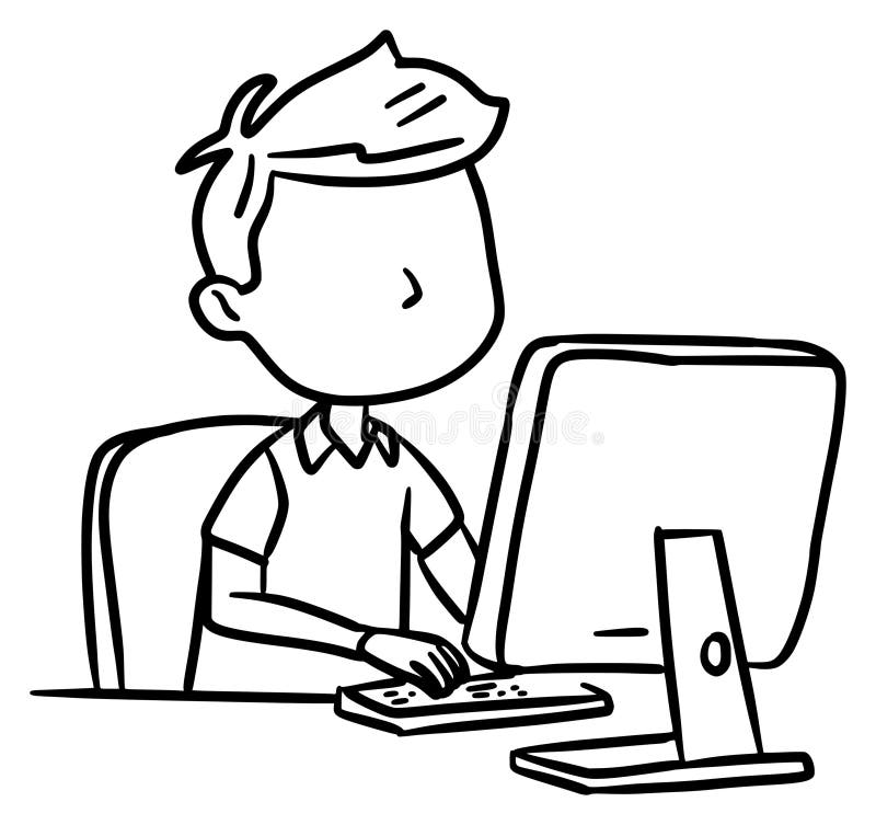 Hand-Drawn Kid Using Computer, Black and White Sketch Stock ...
