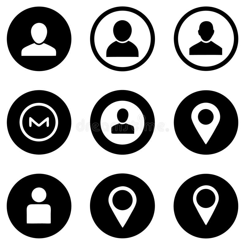 Simple Black and White Vector Icons Representing User Profiles Location ...