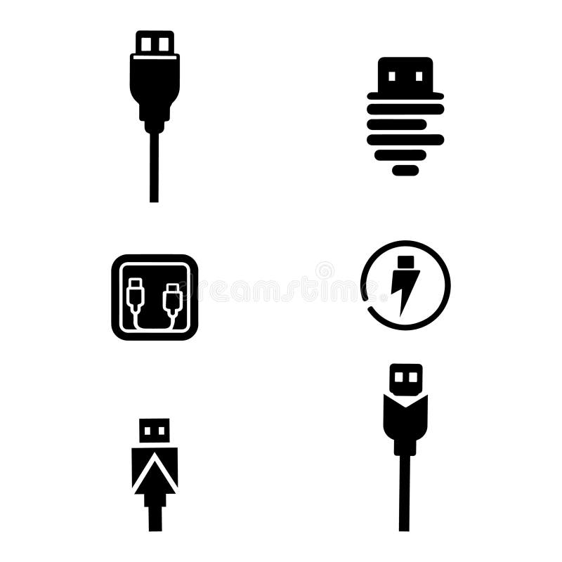 Simple Black and White Vector Icons of USB and Charging Connections ...