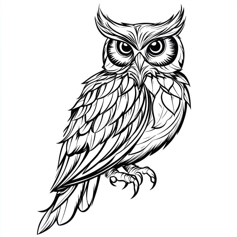 A Simple Black and White Vector Line Drawing of an Owl with Detailed ...