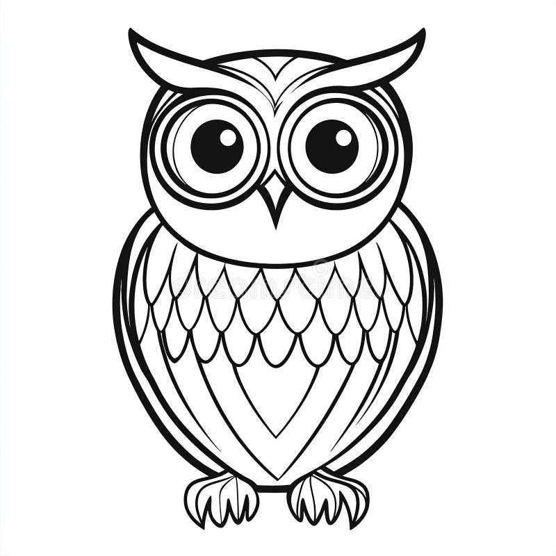 A Simple Black and White Vector Line Drawing of an Owl with Large Round ...