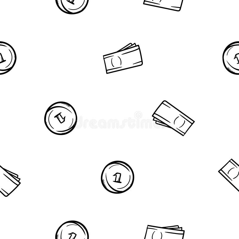 Simple Black and White Vector Seamless Pattern with Money, Coins and ...