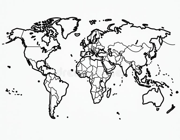 Simple Black and White World Map Outline - Countries Borders Stock ...