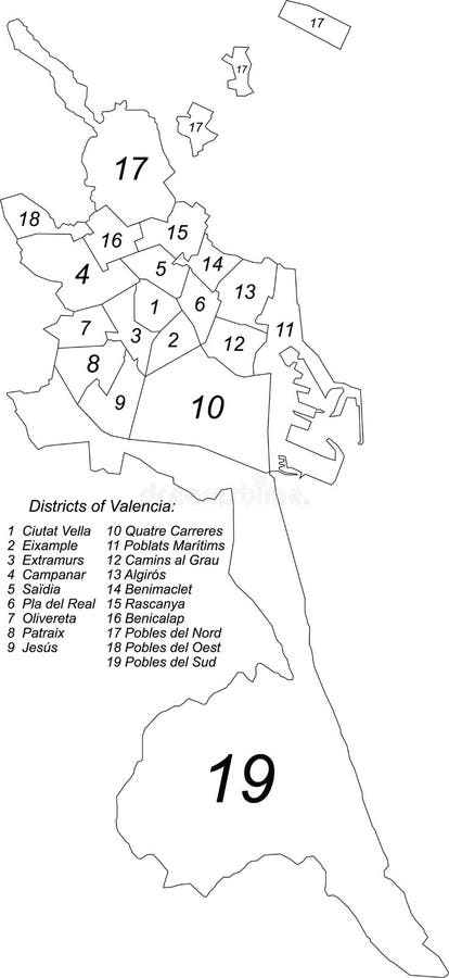 Blank White Map of Districts of Valencia, Spain Stock Vector ...