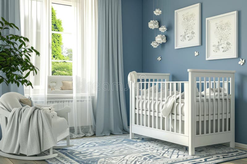 Simple, Blue Baby Bedroom with Cot and Rug Stock Illustration ...