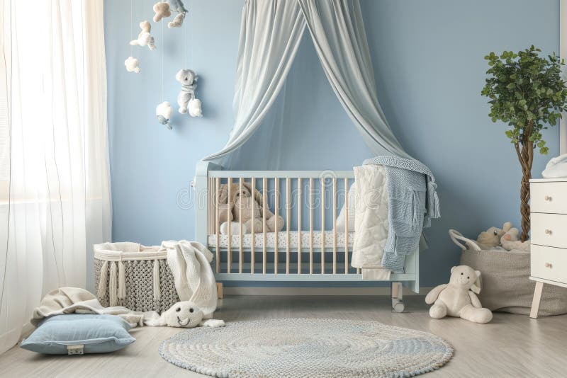 Simple, Blue Baby Bedroom with Cot and Rug Stock Illustration ...