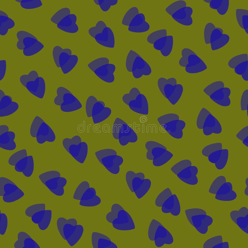 Simple Blue Hearts Seamless Pattern Chaotic on Olive Background Stock ...