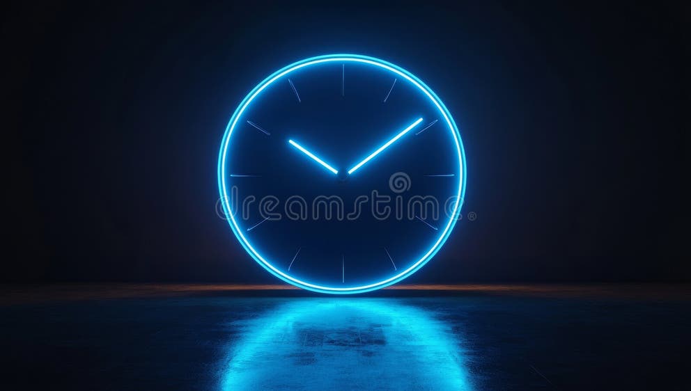 A Simple Blue Neon Clock on a Dark Background. Generative AI. Stock ...