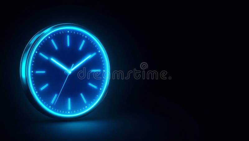 A Simple Blue Neon Clock on a Dark Background. Generative AI. Stock ...