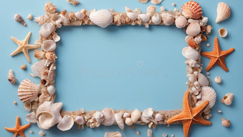 Simple Frame of Shells and Starfish on Blue Background, Ai Generated ...