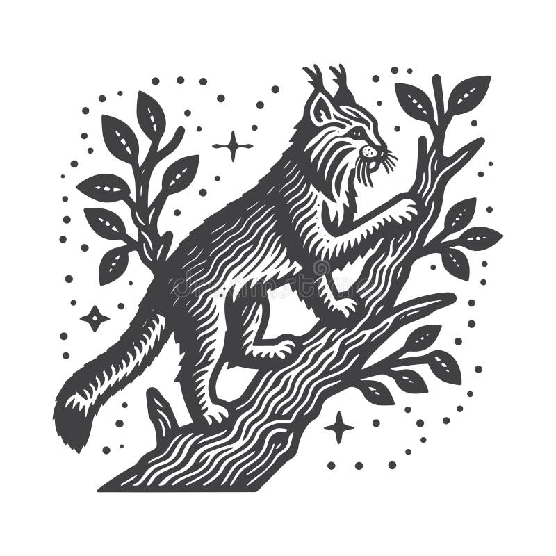 Bobcat Climbing Tree Vintage Retro Logo Illustration Design. Stock ...