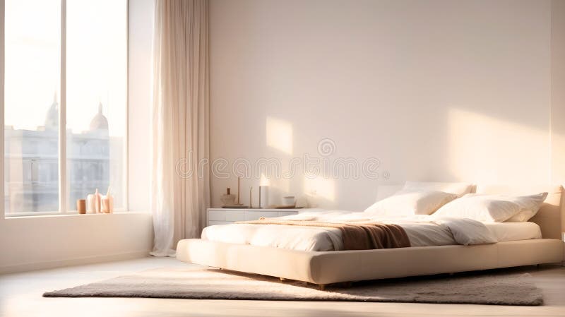 Simple Boho Bedroom Interior with Comfortable Bed, Carpet, White Wall ...