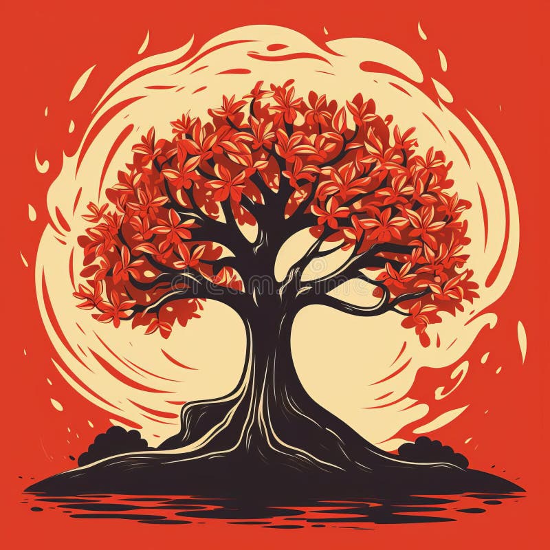 Simple yet Bold Flame Tree Linocut Artwork Design Stock Illustration ...