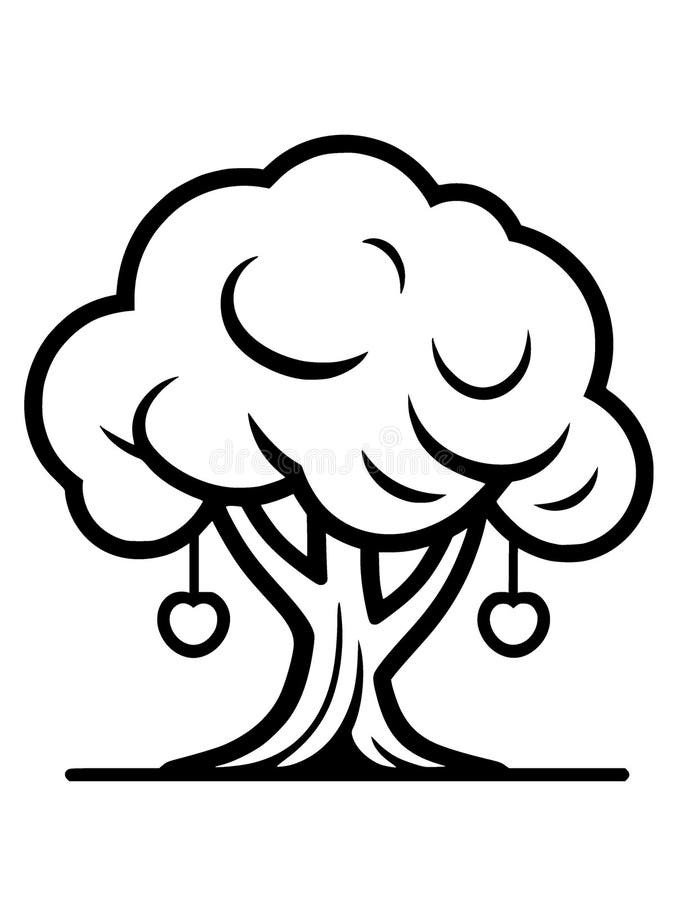 Simple Bold Line Drawing of Apple Tree with White Background for ...