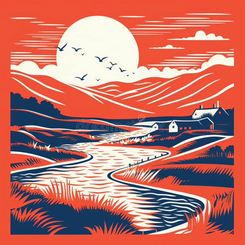 Simple yet Bold Linocut Artwork of a Lowland Landscape Stock ...