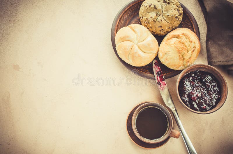 Simple Breakfast: Coffee Americano, Fresh Buns and Jam. Stock Photo ...