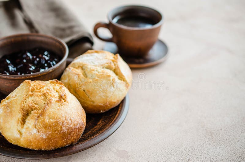 Simple Breakfast: Coffee Americano, Fresh Buns and Jam. Stock Image ...