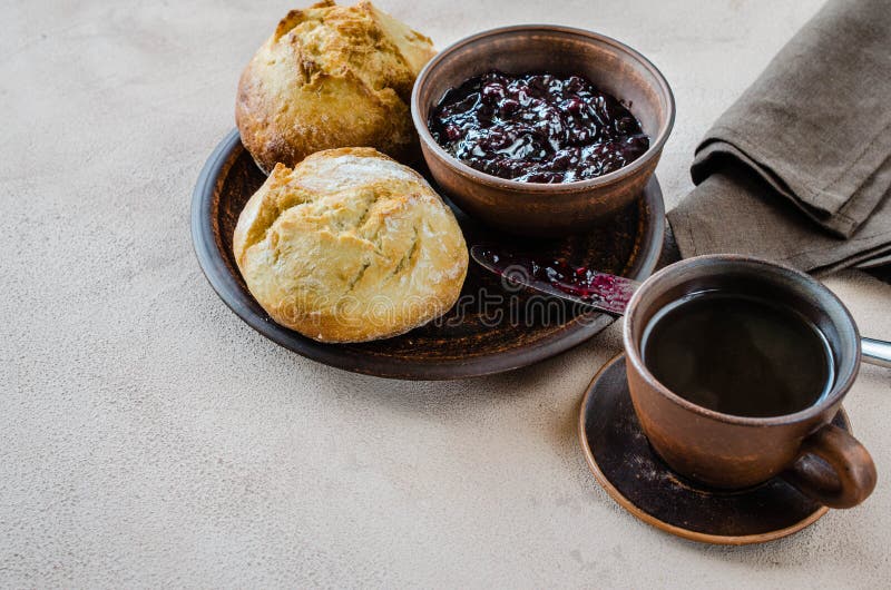 Simple Breakfast: Coffee Americano, Fresh Buns and Jam. Stock Photo ...