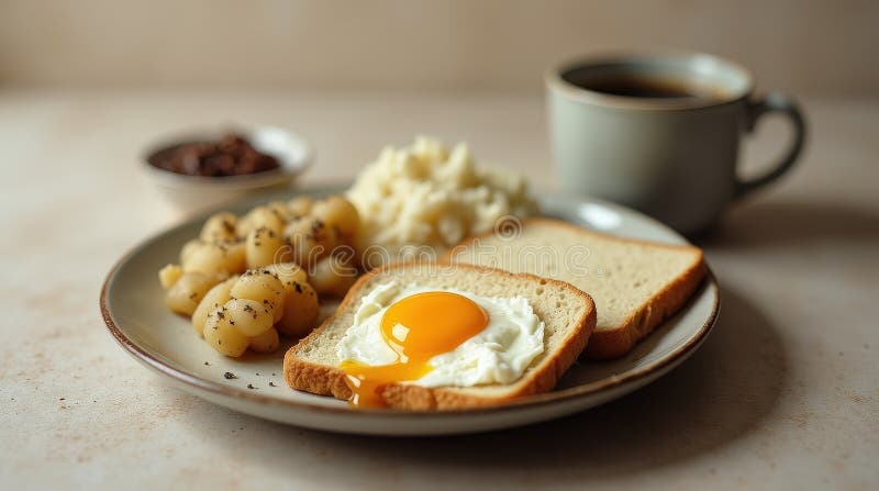 Simple Breakfast Plate with Buttered Bread, Egg, and Fruit Served with ...