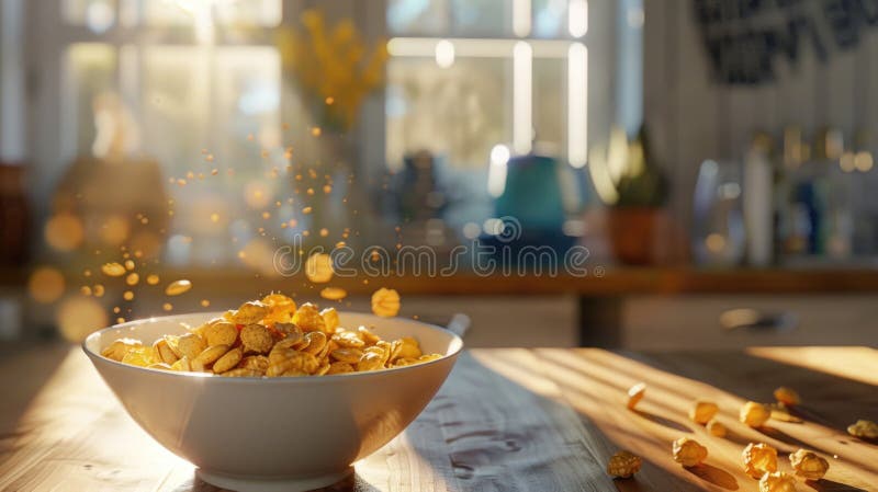 A Simple Breakfast Scene with a Bowl of Cereal and Milk on a Wooden ...