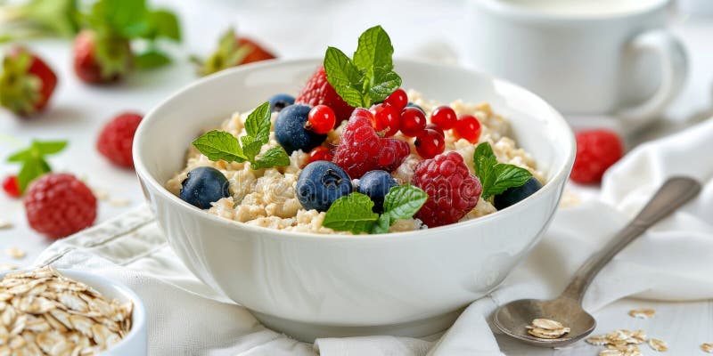 A Simple Breakfast Setup with a Bowl of Oatmeal, Fresh Berries, and a ...