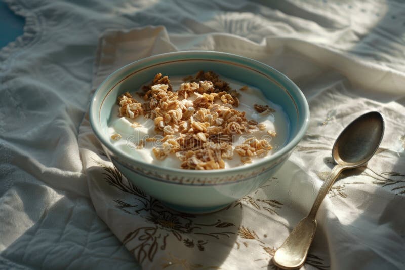 A Simple Breakfast Setup Featuring a Bowl of Cereal and a Spoon, Often ...
