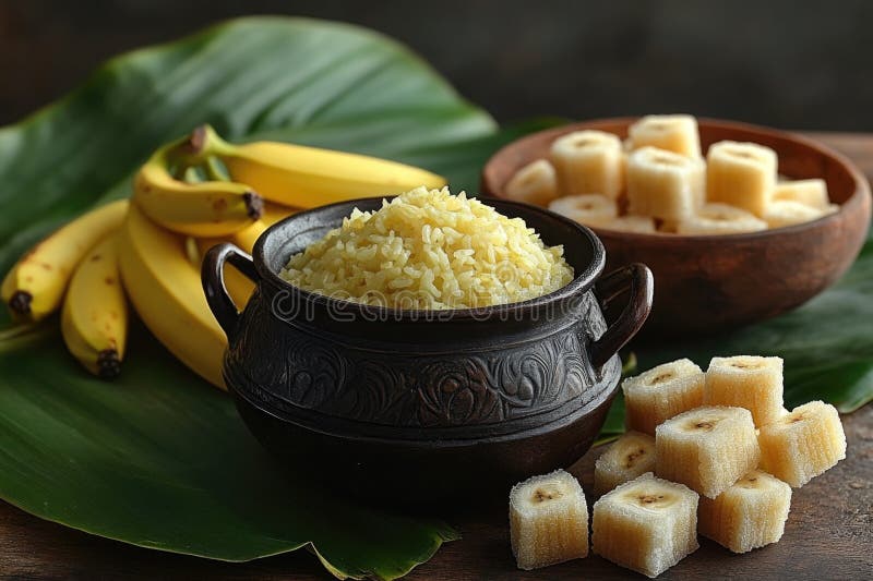A Simple Breakfast or Snack Setup with Rice and Bananas on a Table ...