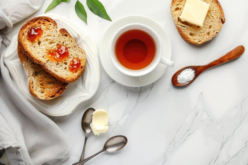 A Simple Breakfast of Tea and Bread on a Plate. Suitable for Food and ...