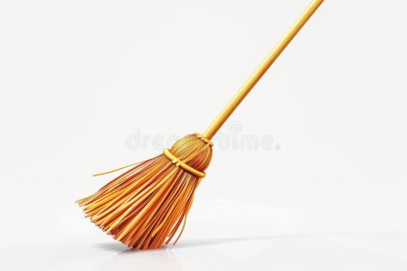 A Simple Broom with a Wooden Handle Placed on a White Surface Stock ...