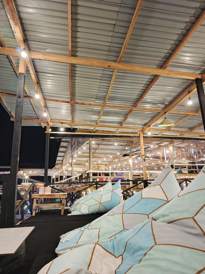 A Simple Cafe with Lights at Night Stock Image - Image of arena, night ...