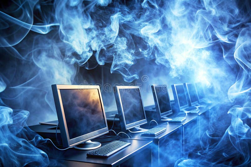 An Empty Internet Cafe. a Row of Computers Ready for Gaming and Work ...