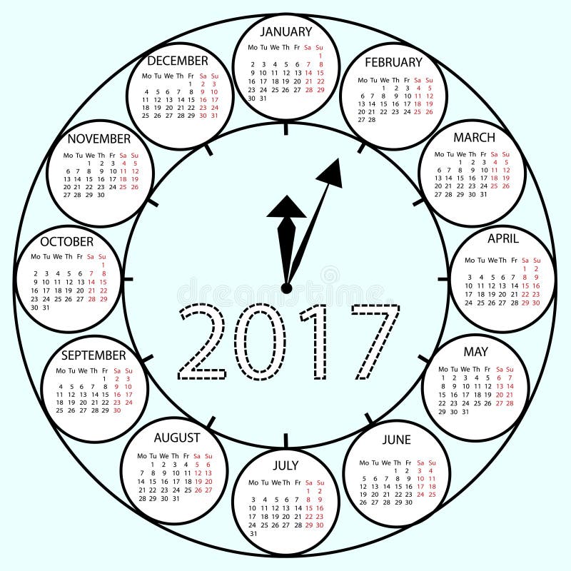Simple Calendar 2017 Circles Clock Time Year. Stock Vector ...