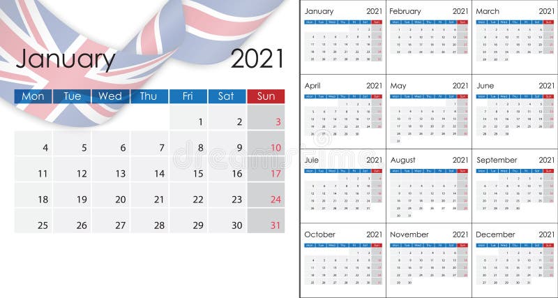 Simple Calendar 2021 on English Language, Week Start on Monday Stock ...