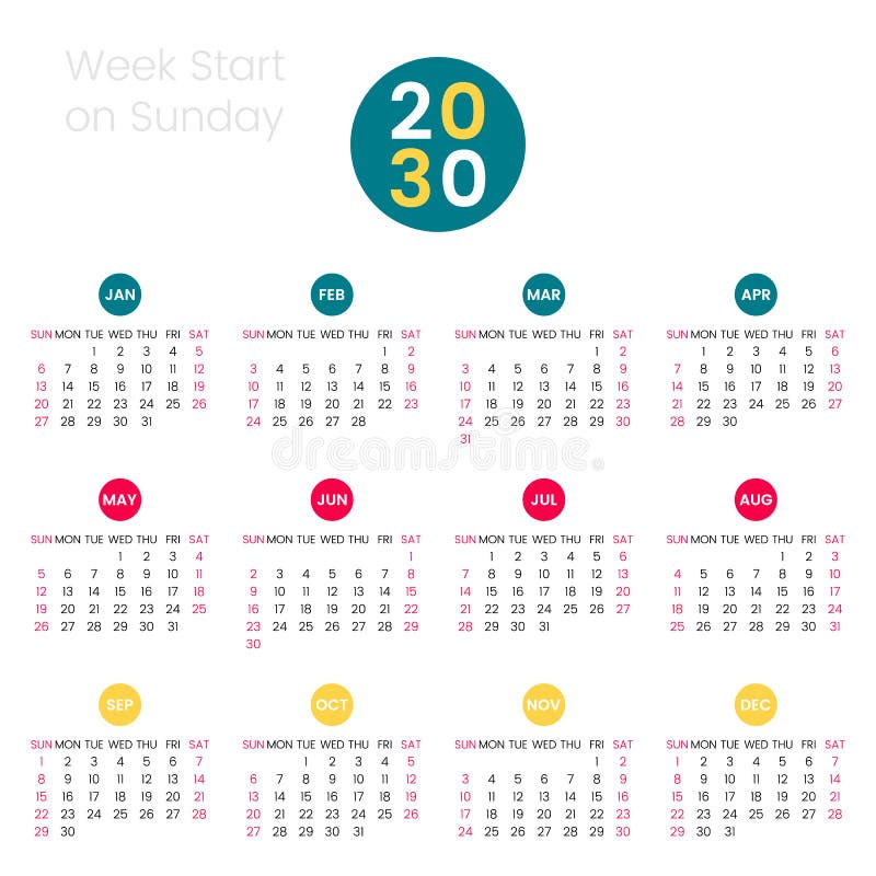 2030 Simple Vector Calendar. Weeks Start on Sunday Stock Vector ...