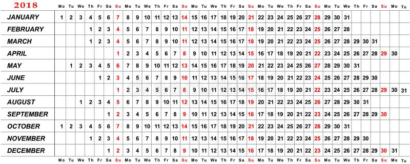 Simple Calendar Layout for 2018 Year Stock Illustration - Illustration ...