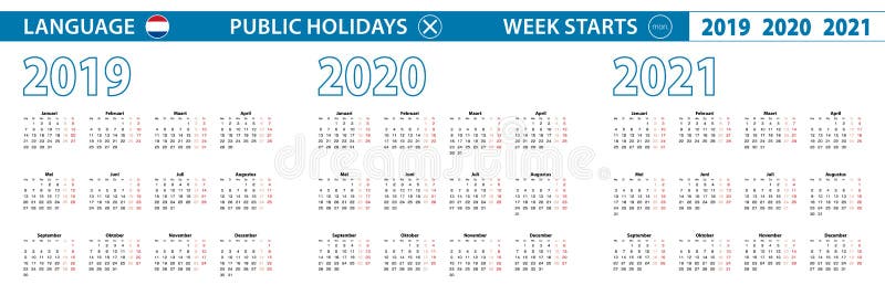 Simple Calendar Template in Dutch for 2019, 2020, 2021 Years. Week ...