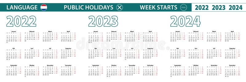 Simple Calendar Template in Dutch for 2022, 2023, 2024 Years. Week ...
