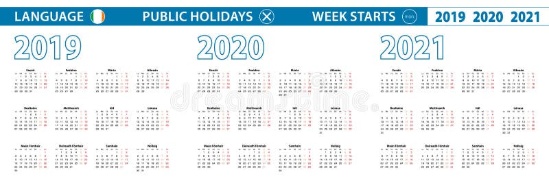 Simple Calendar Template in Irish for 2019, 2020, 2021 Years. Week ...