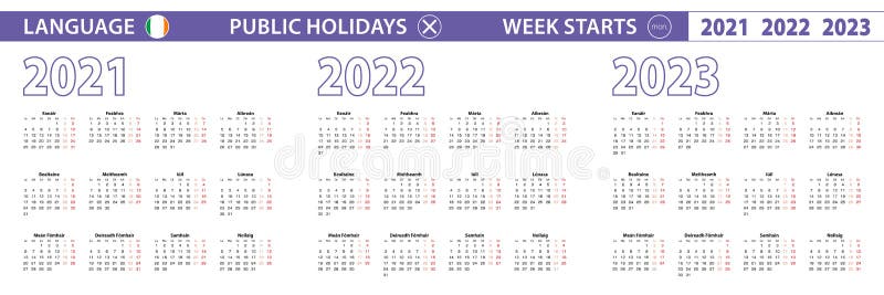 Simple Calendar Template in Irish for 2021, 2022, 2023 Years. Week ...