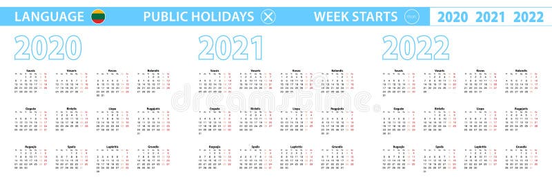 Simple Calendar Template in Lithuanian for 2020, 2021, 2022 Years. Week ...